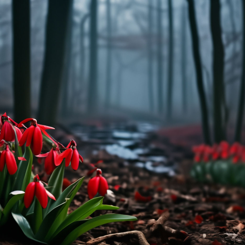 "Red snowdrops in the forest on the edge" — image created in Shedevrum