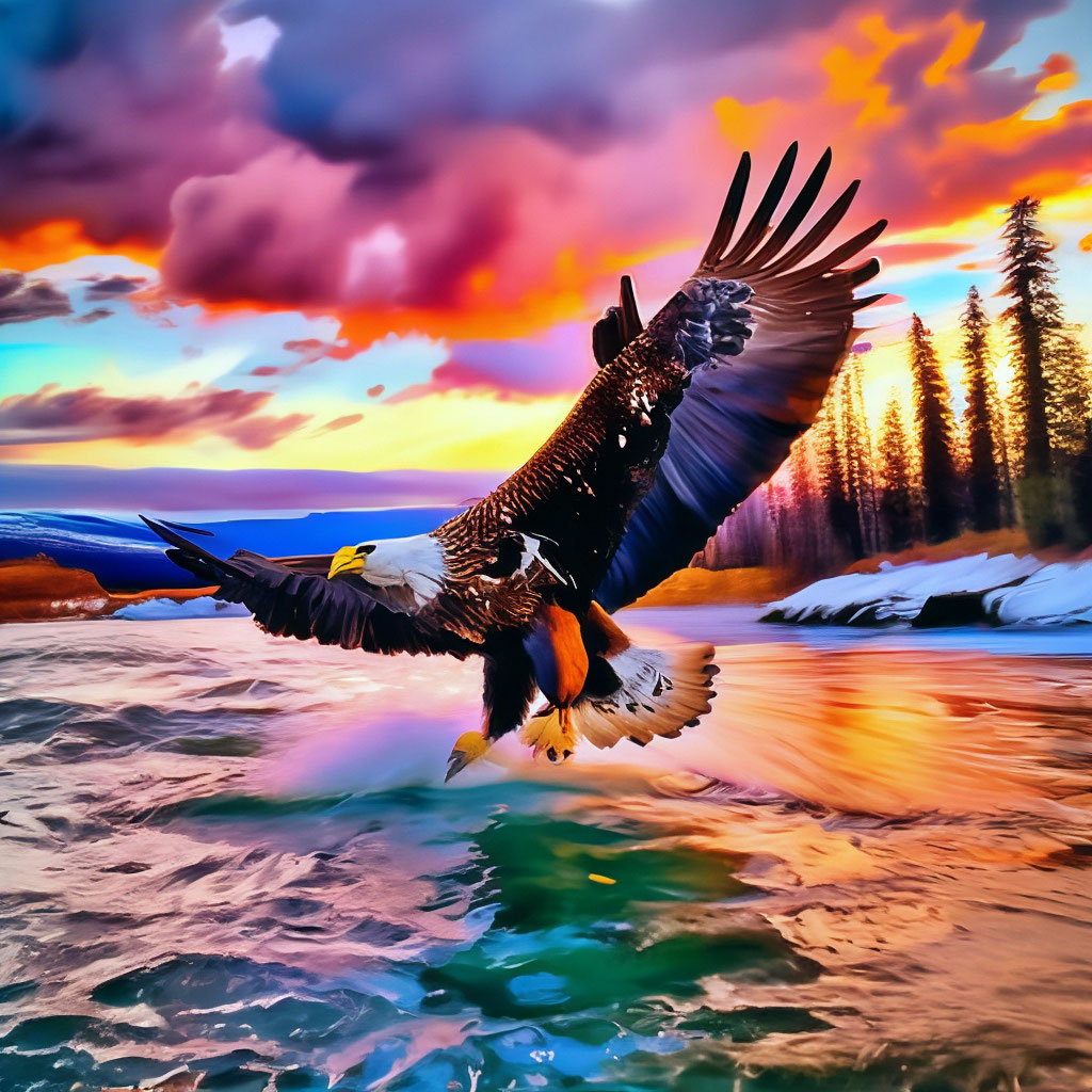 "Watercolor painting: bald eagle fishing ((hyperdetalization, symmetry ...
