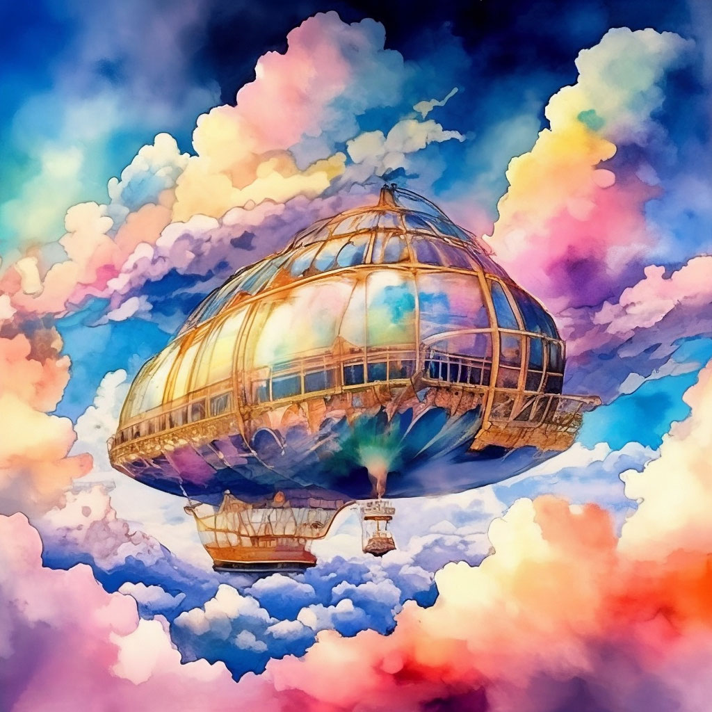 "A large, beautiful airship in the clouds, colorful, beautiful ...