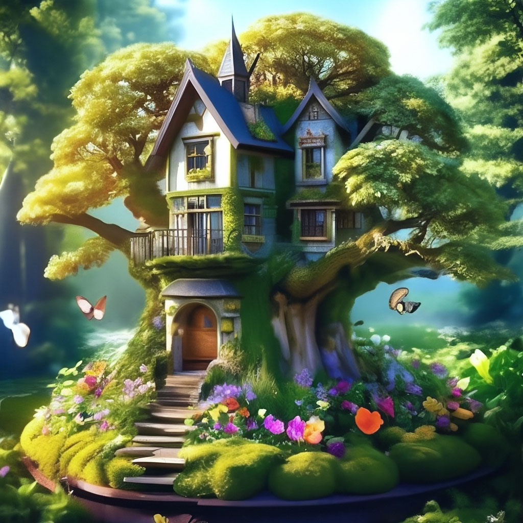 "Beautiful hyper-realistic house inside a tree. House + tree. covered ...