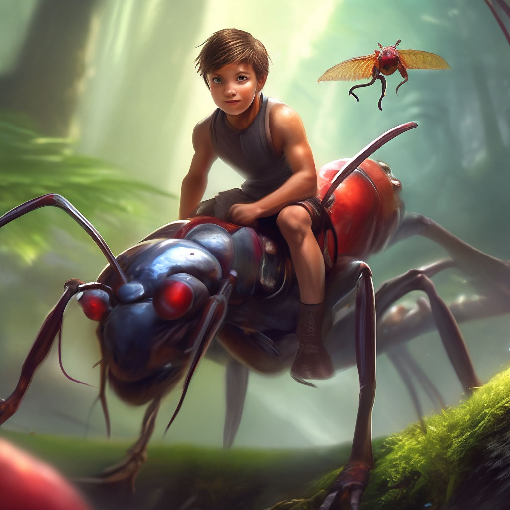 "A young man riding a huge ant" — image created in Shedevrum