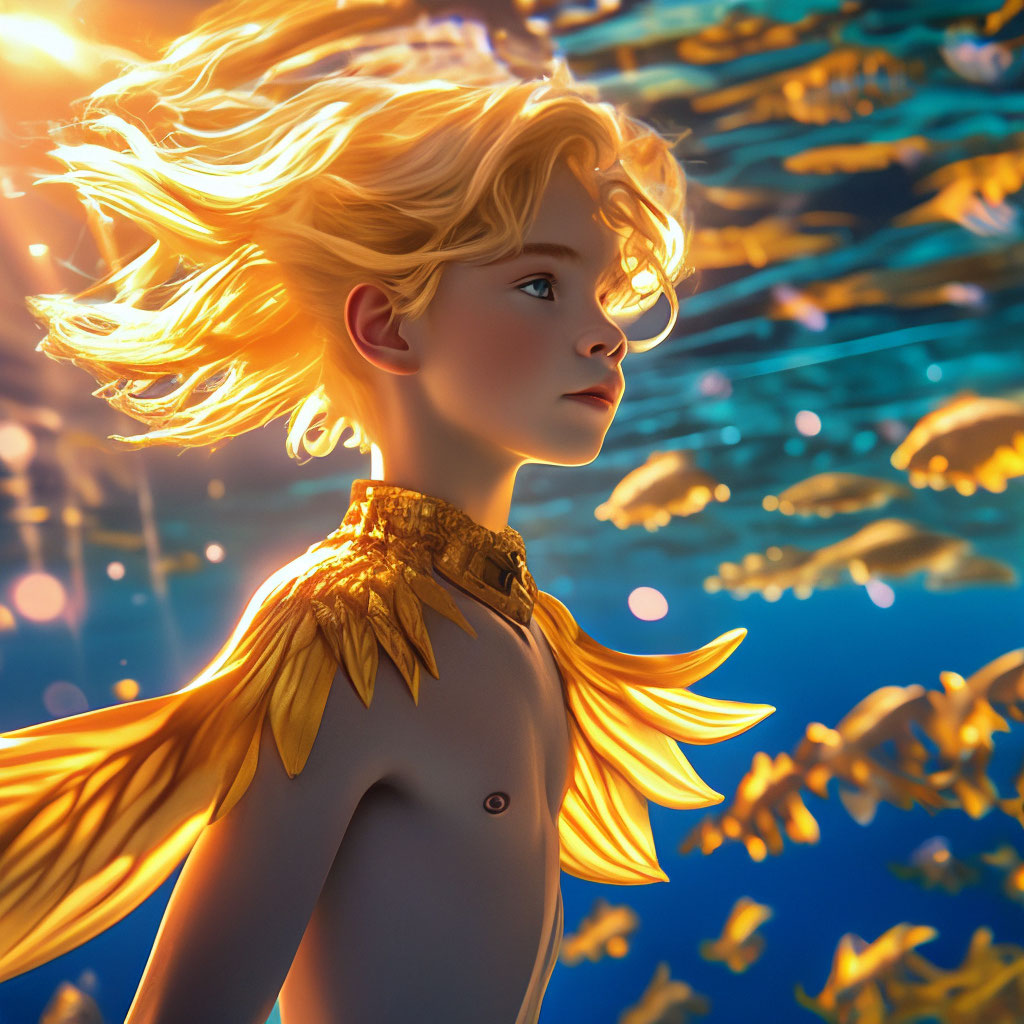 "Underwater world, beautiful golden-haired mermaid boy 12, the whole ...