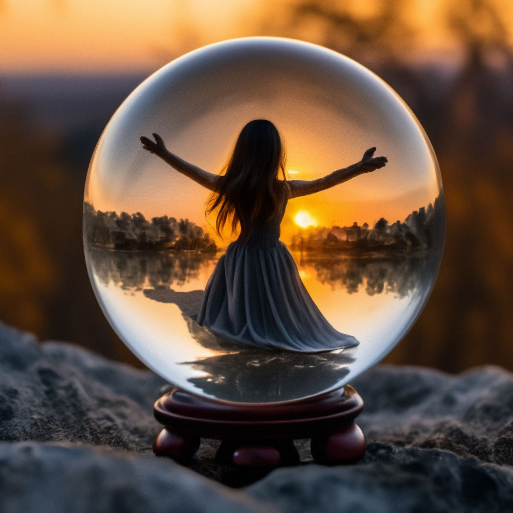 "Crystal ball with backlight, inside a girl on a ball, hands raised up ...