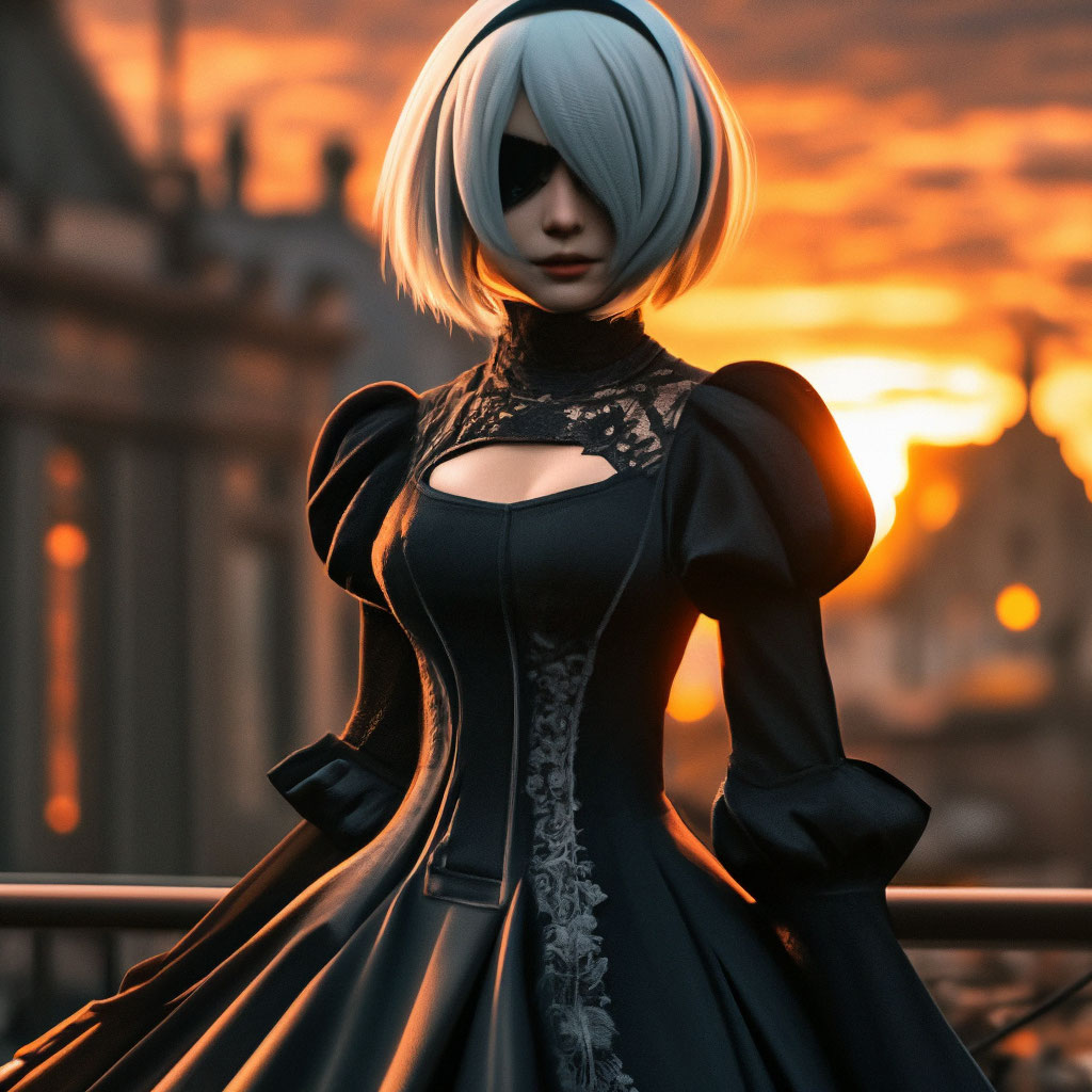 "2B in a black gothic dress" — image created in Shedevrum