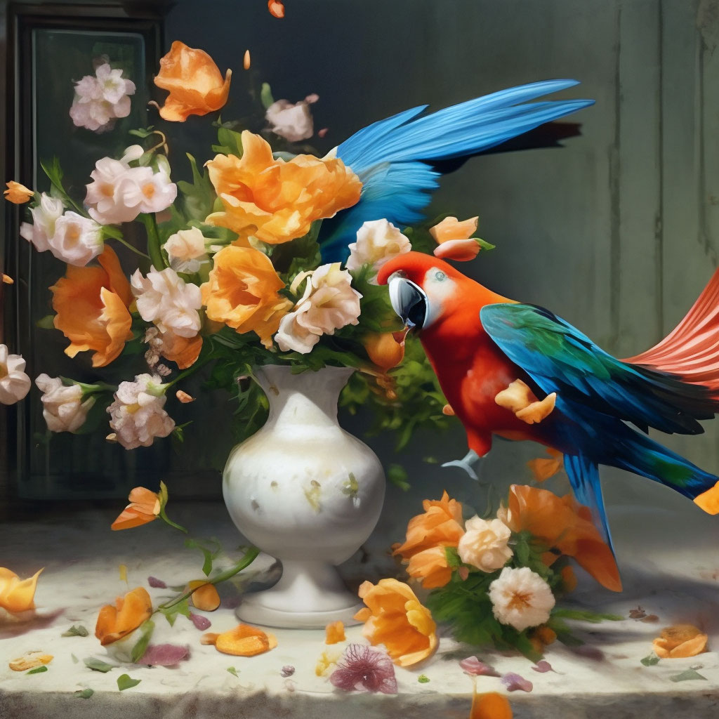 "A smart parrot throws a vase of flowers off the table with its paw ...