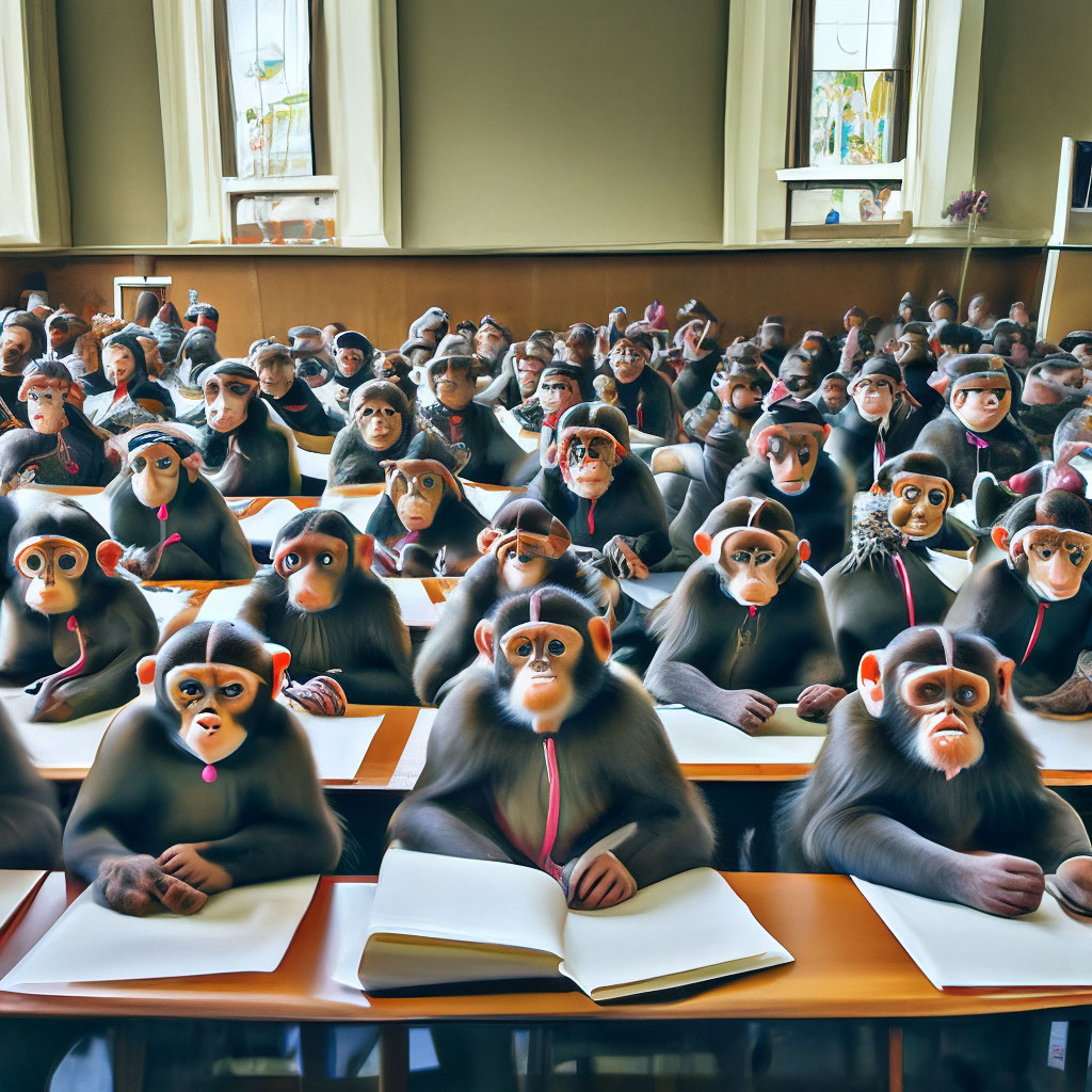 "A class filled with monkeys" — image created in Shedevrum