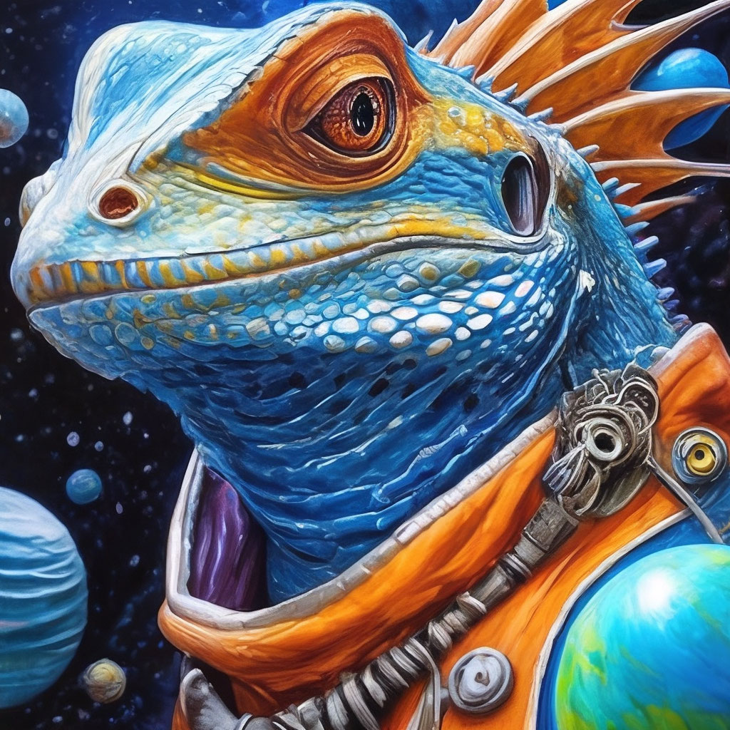 "Space Pirate lizard portrait.Close-up. A parade of planets.💥 dynamics ...