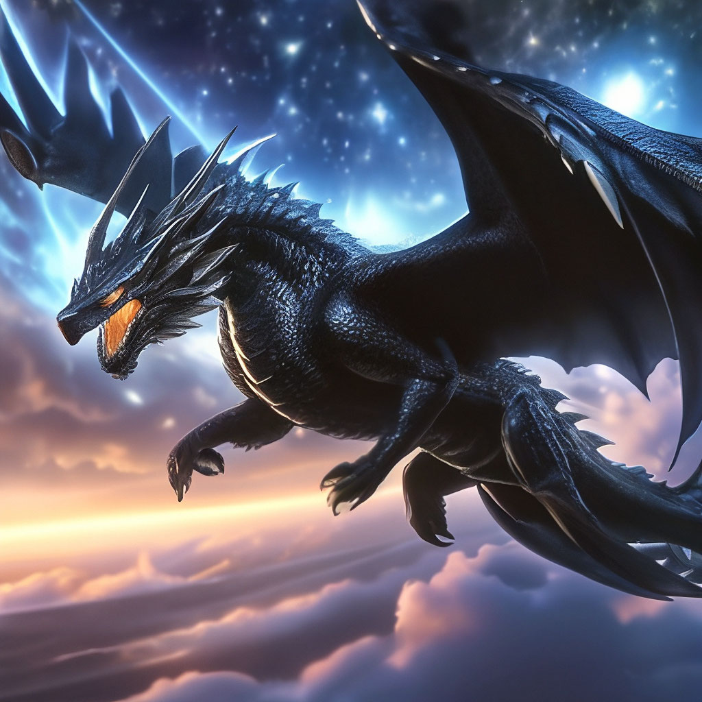 "A jet-black shining dragon with huge wings flying among the stars ...