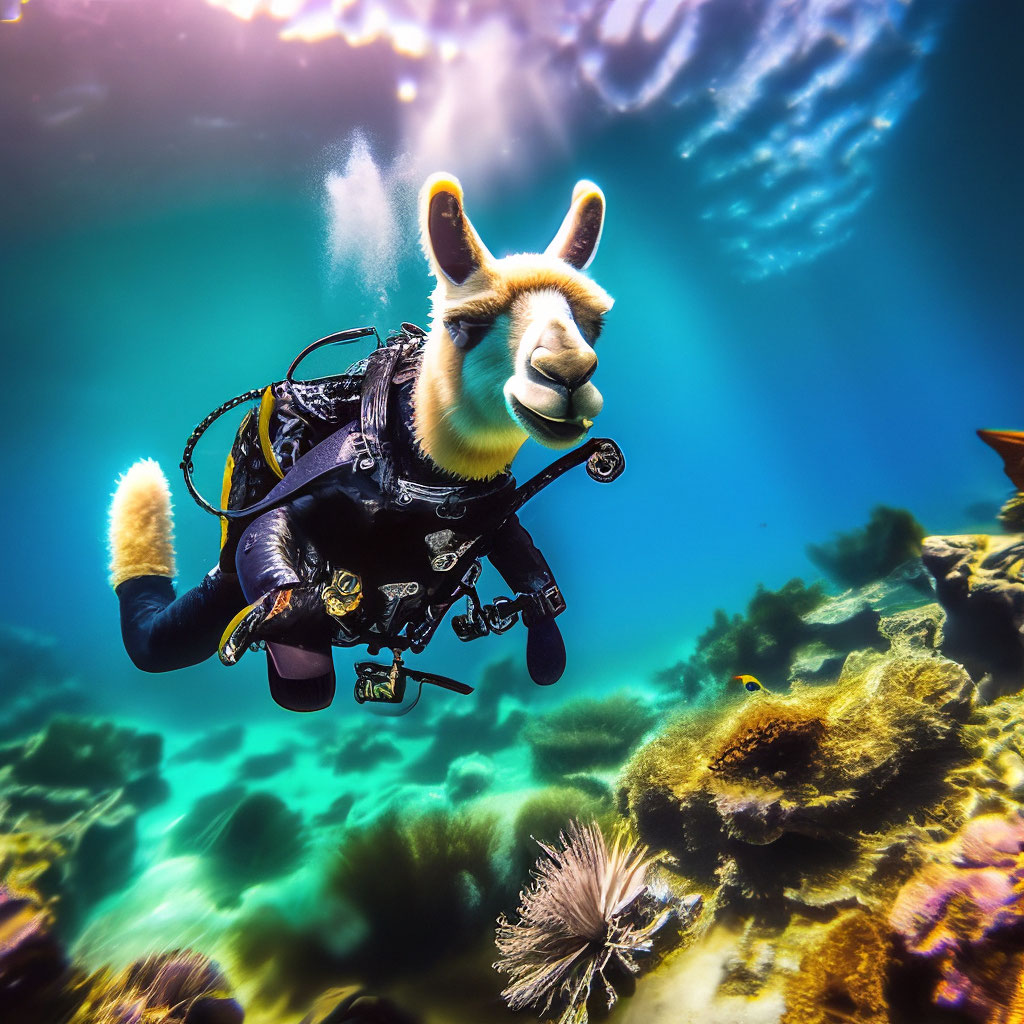 "Alpaca in scuba diving under water" — image created in Shedevrum
