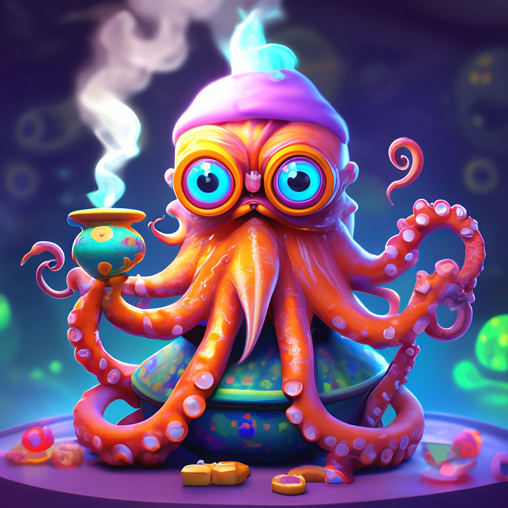 "Wise guru octopus, hookah, smoke, big-eyed, huge expressive eyes, deep ...