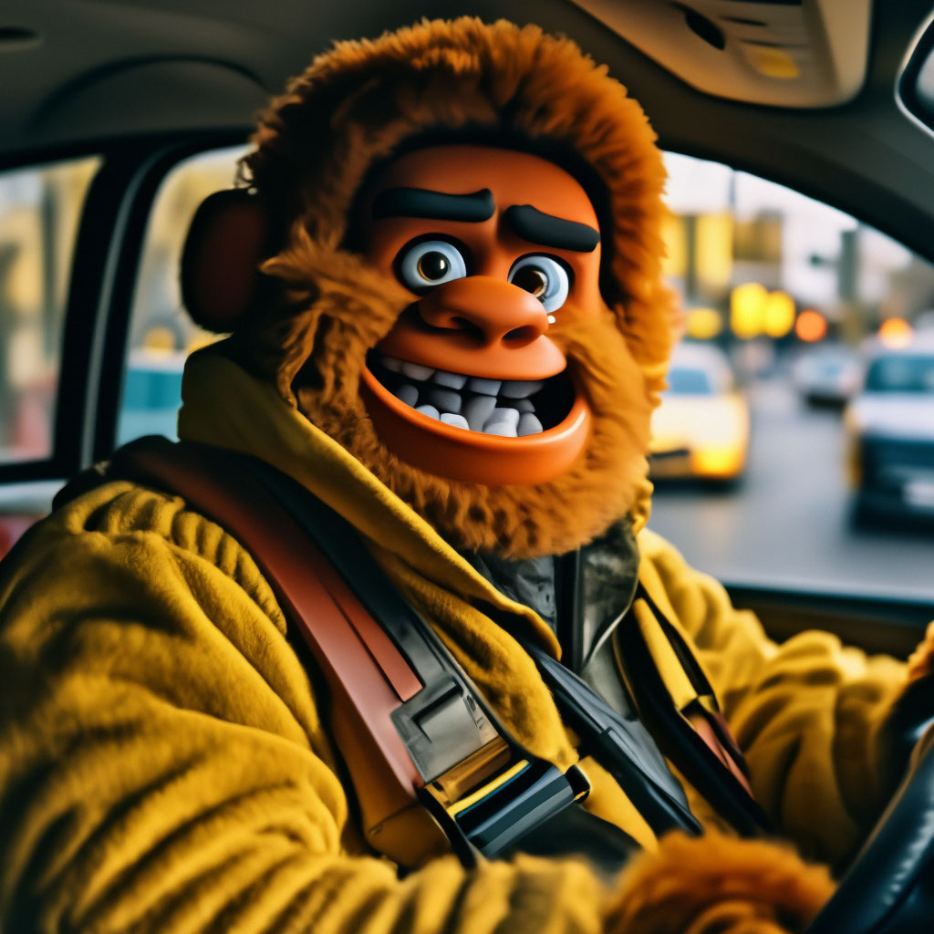 "Big fluffy monster taxi driver, taxi driver's clothes, view from the ...