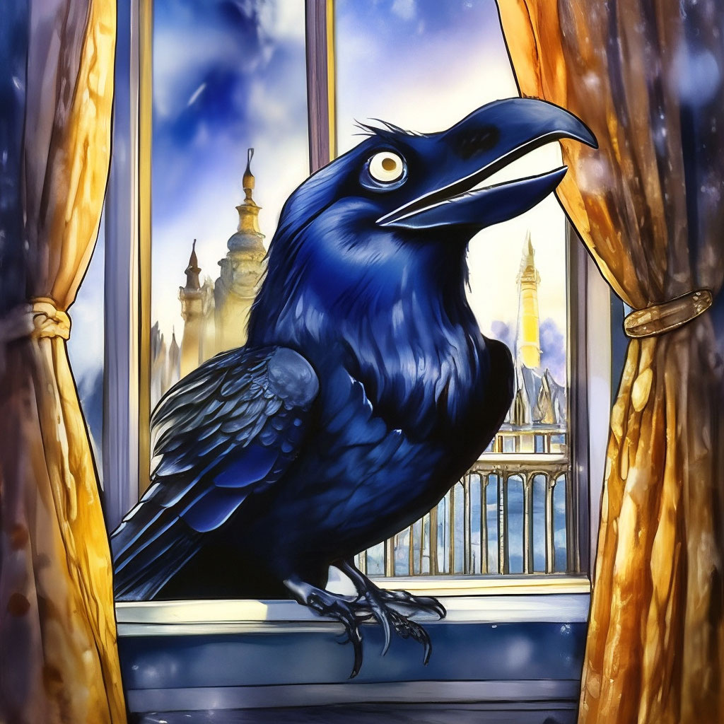 "Watercolor drawing, in the ballroom outside the window, a cartoon ...