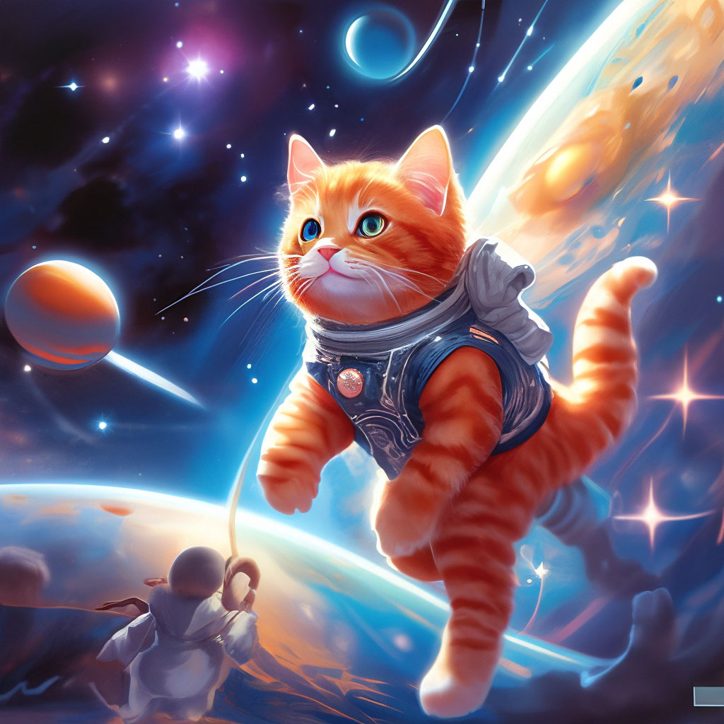 "A red-haired cat explores the expanses of space in a cat suit ...