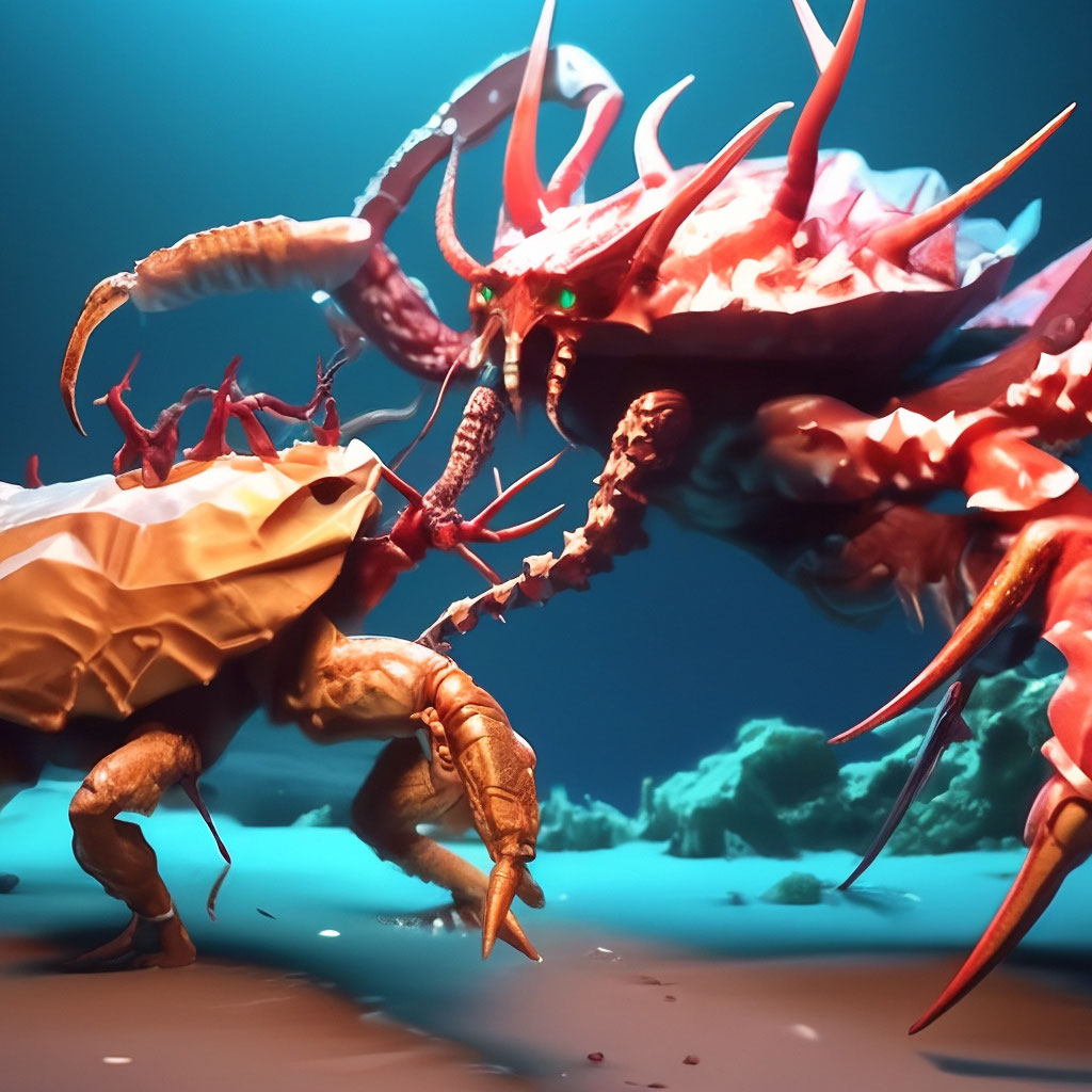 "Demon scorpion fights with angel crab in the sea" — image created in ...