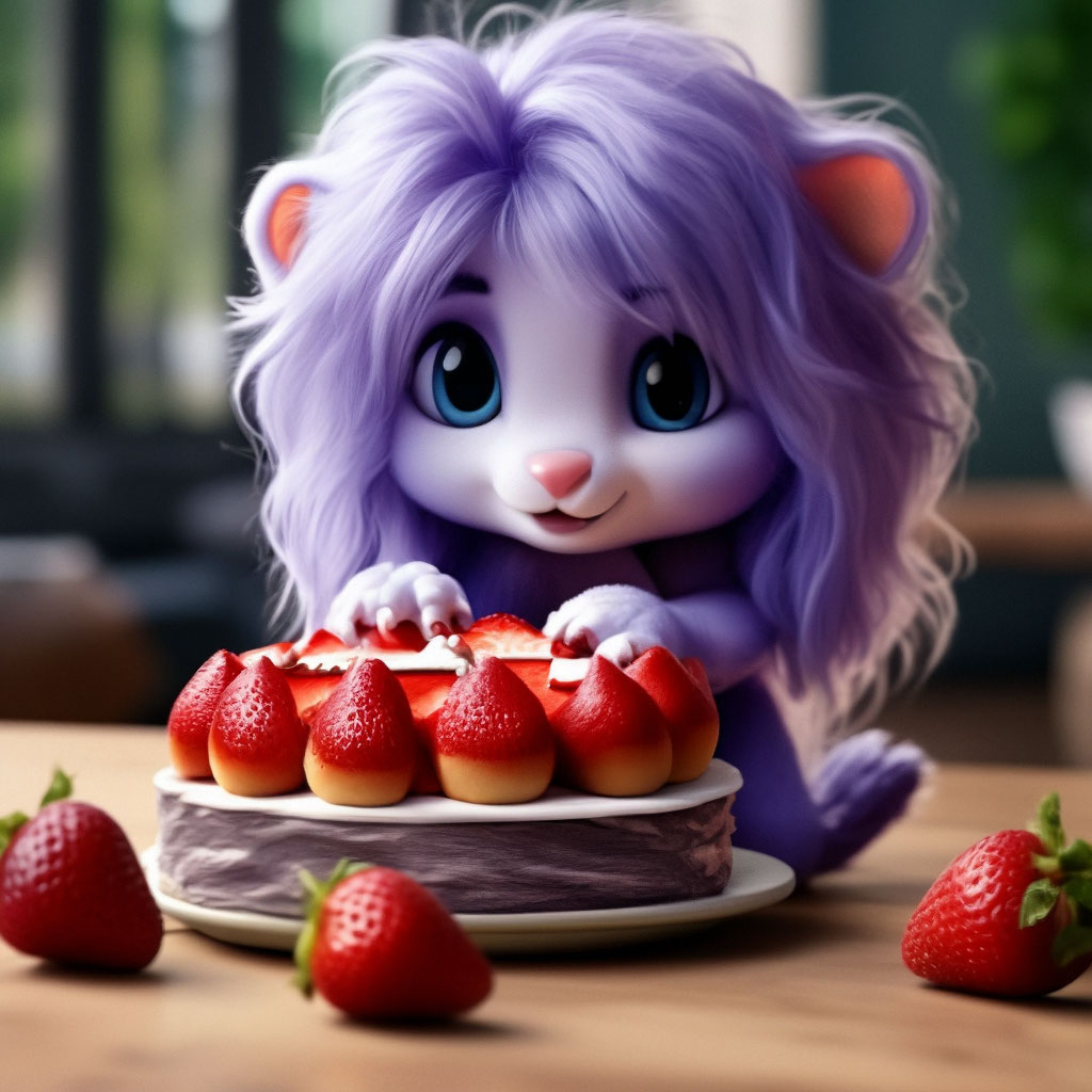 "Little lilac long-haired creature eating strawberry shortcake ...