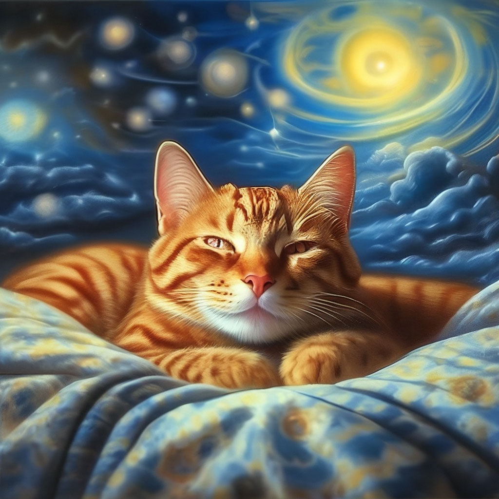 "What does a cat dream about" — image created in Shedevrum