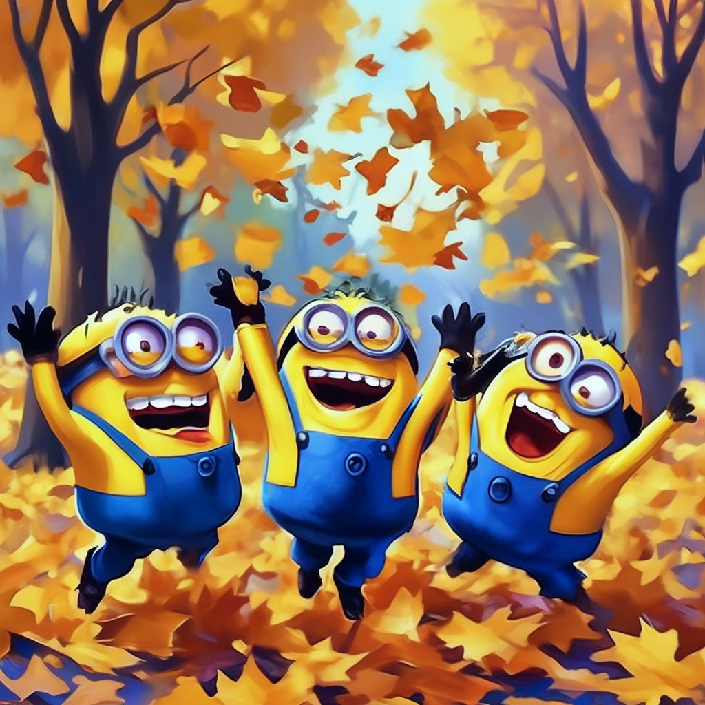 "Minions in the park throw leaves over themselves and rejoice in the ...