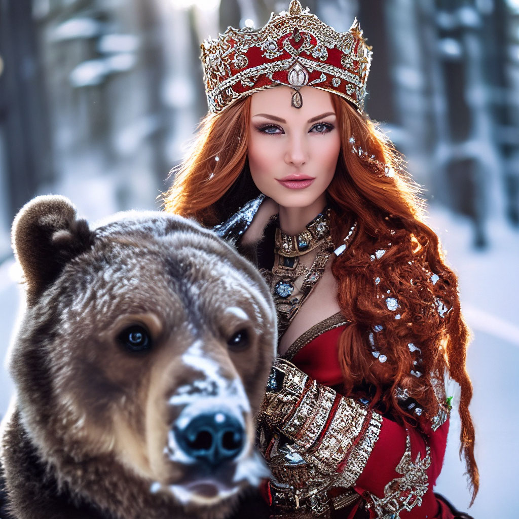 "Beautiful slavic girl,forest, snow,riding a bear in full,sun rays ...