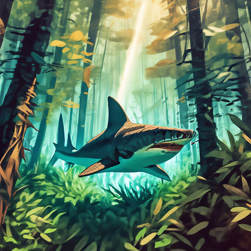 "Shark swims through the forest" — image created in Shedevrum