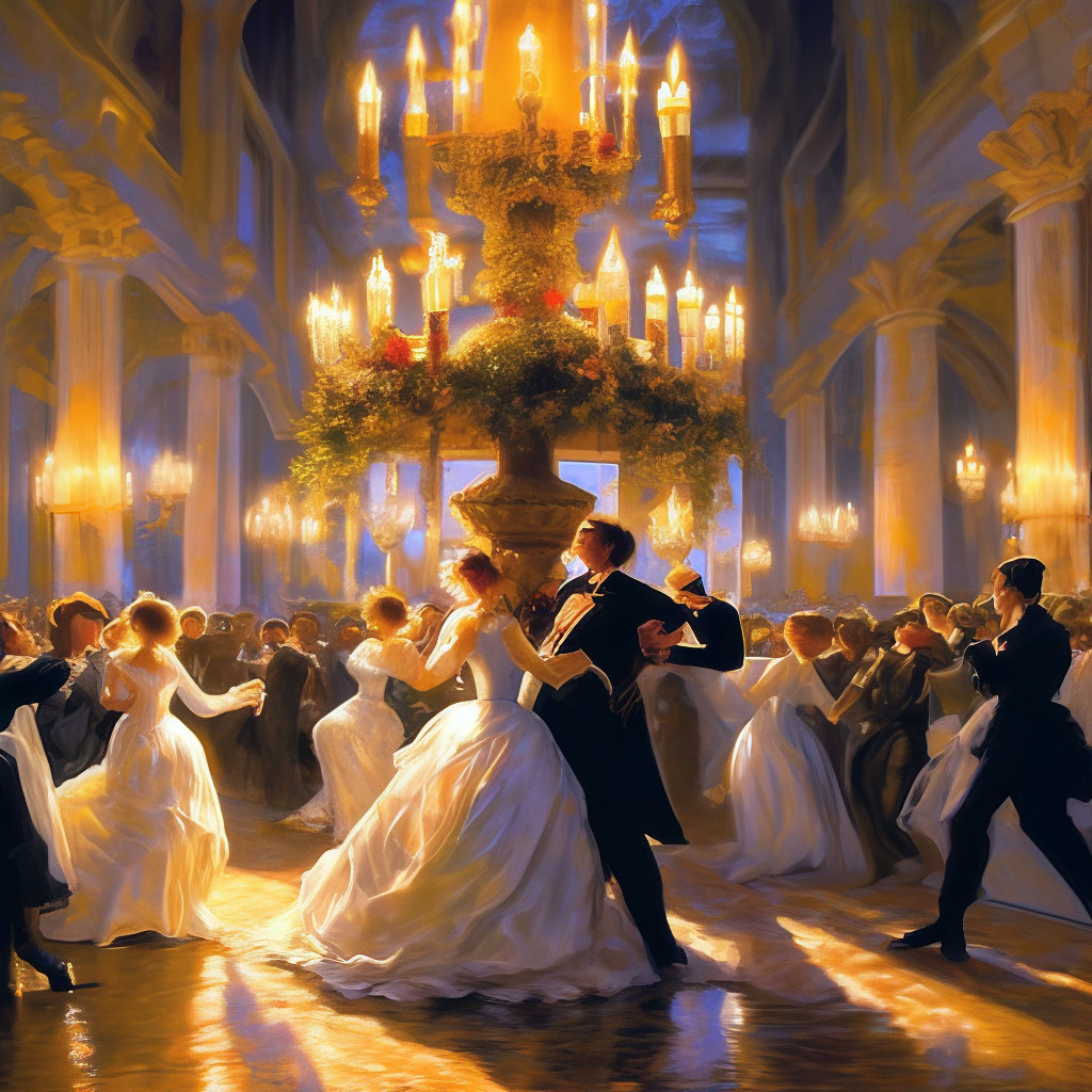 "Ball, dancing couples, candelabra with candles, 19th century ...