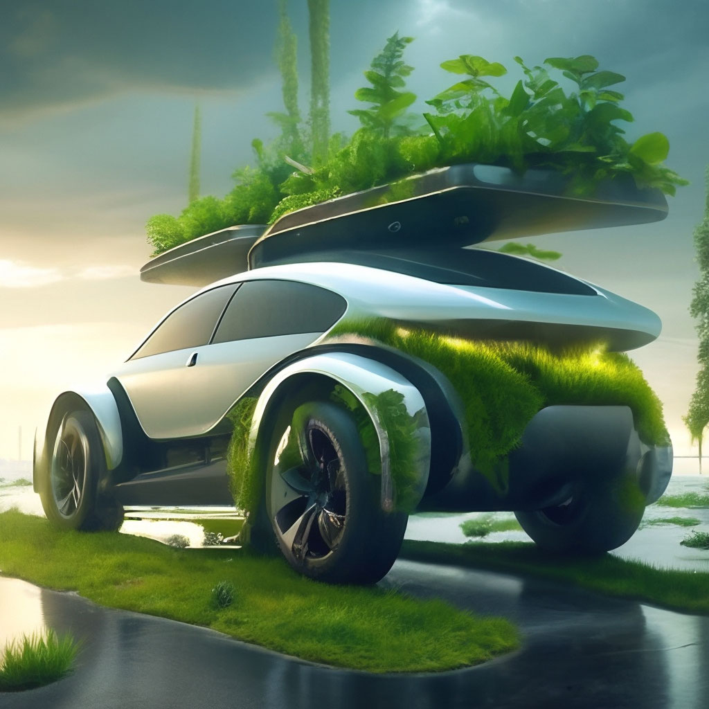 "The car of the future has a lot of plants, eco-friendly,bright ...