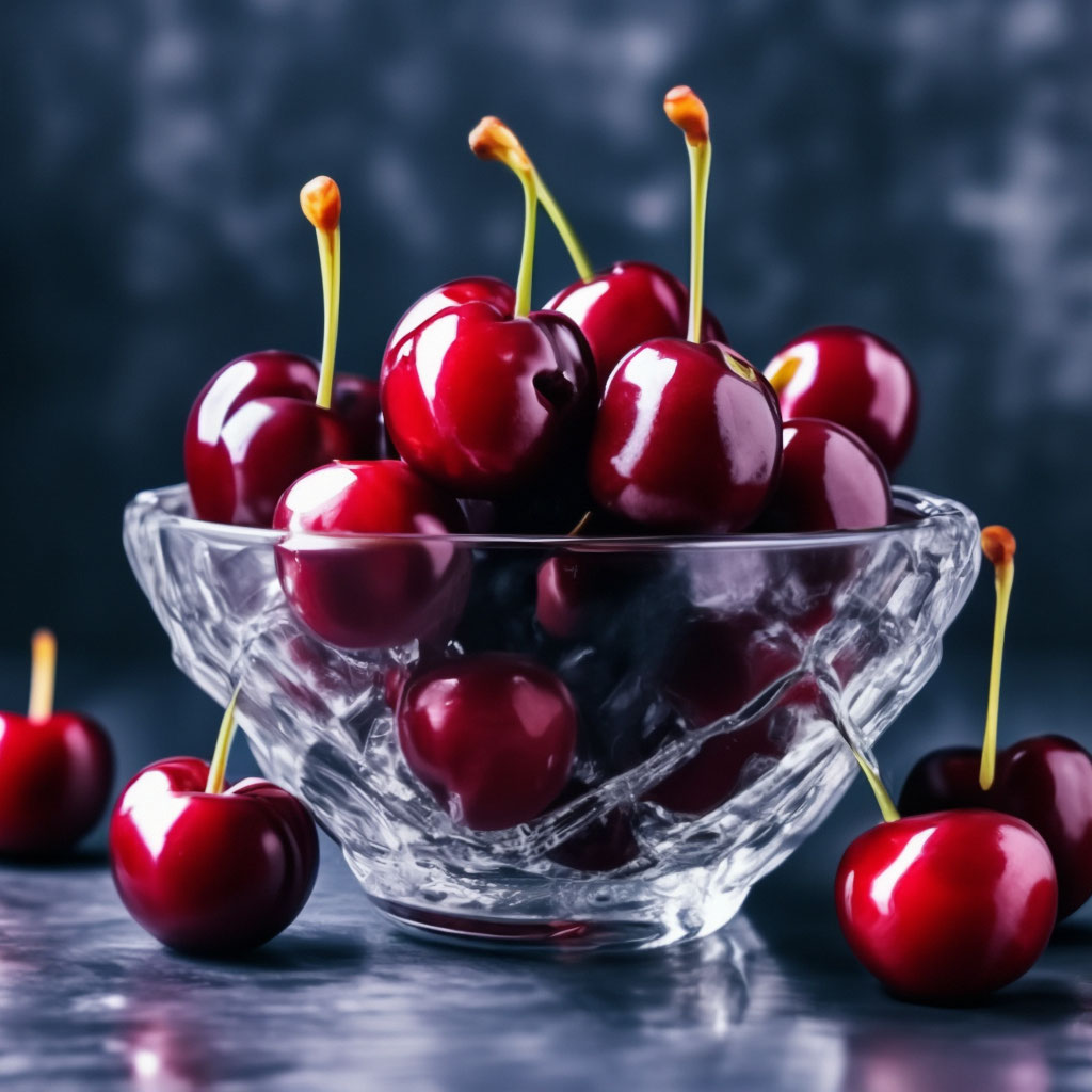 "In a transparent crystal vase there are cherry berries, red cherry ...