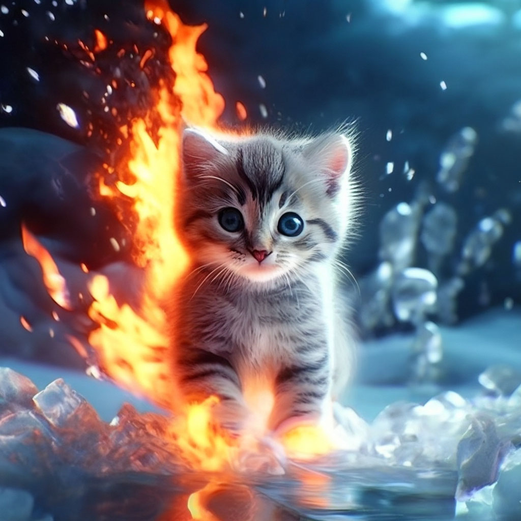 "A kitten consisting of fire and ice 4k" — image created in Shedevrum