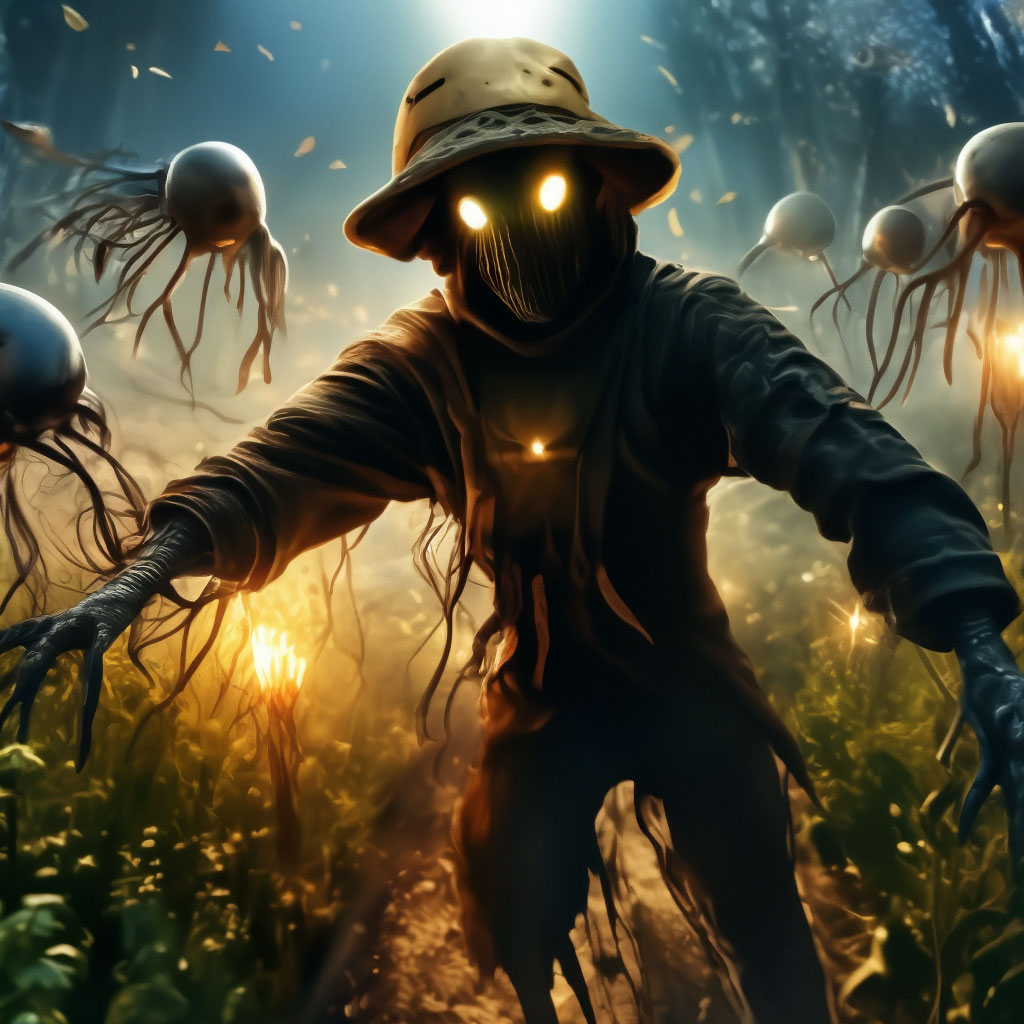"Aliens attack a garden scarecrow" — image created in Shedevrum