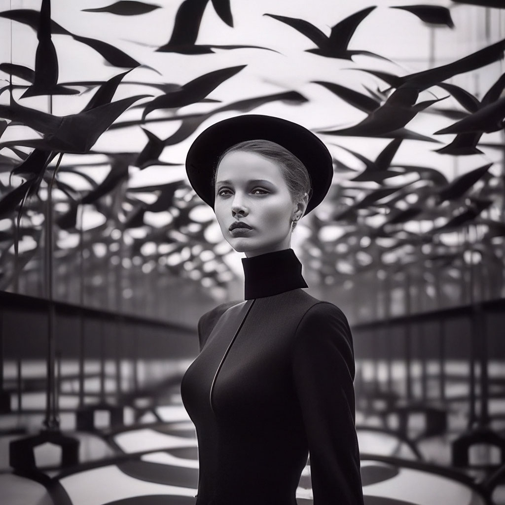 "Surrealism, dutch vintage portrait female profile, runway, vase, birds ...