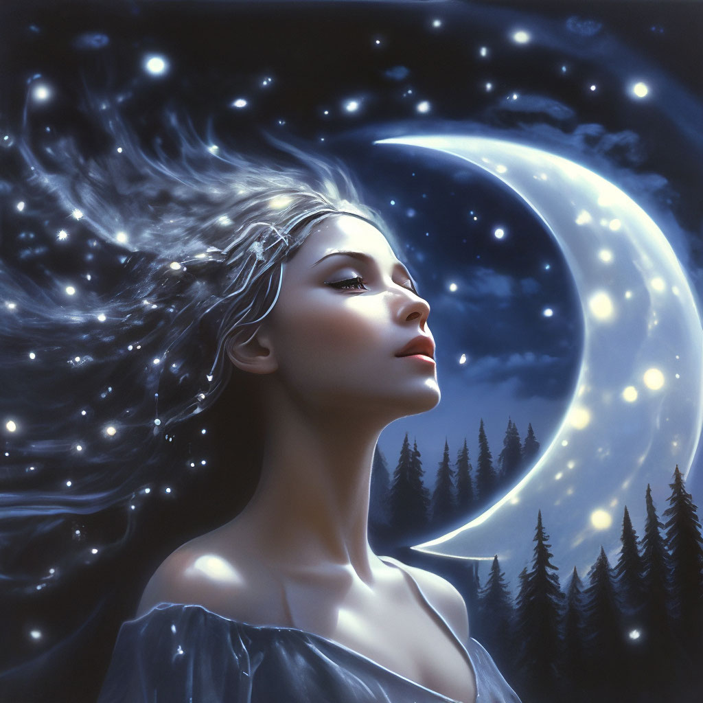 "On the black sky, a large silver moon, a luminous halo from the moon ...