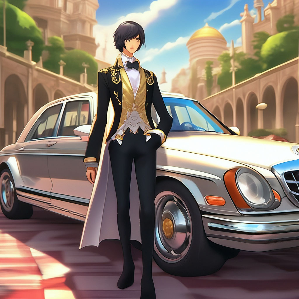 "An extravagant prince in a Mercedes. anime." — image created in Shedevrum