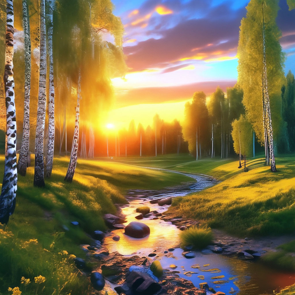 "Beautiful landscape, forest, sunset, night, stars, birches, russia ...