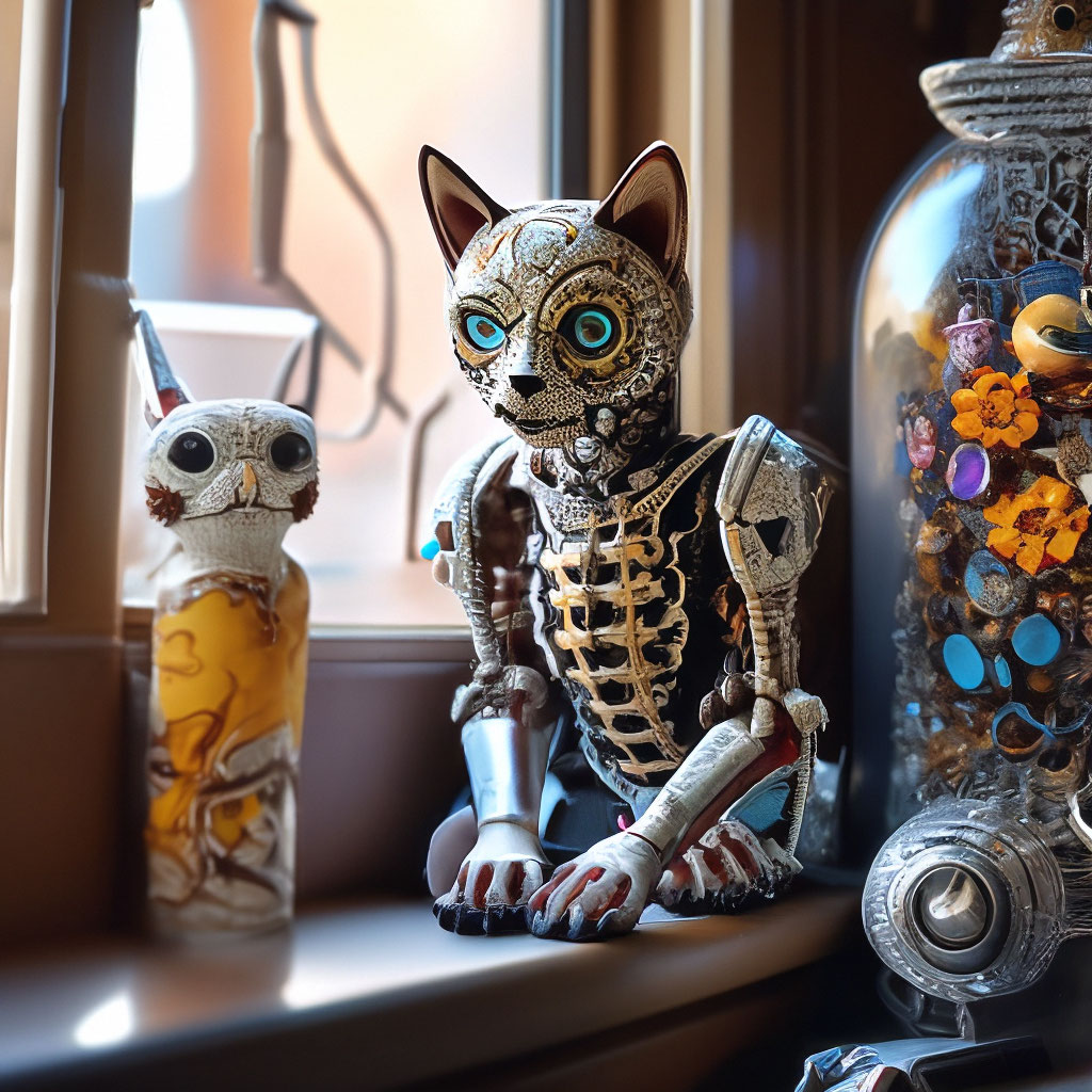 "El Día de Muertos,anthropomorph,cat,in the window, biorobot ...