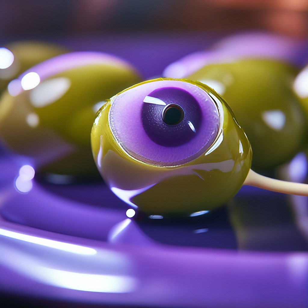 "Olives with eyes. Big-eyed olives. The eyes are purple. Olives in a ...