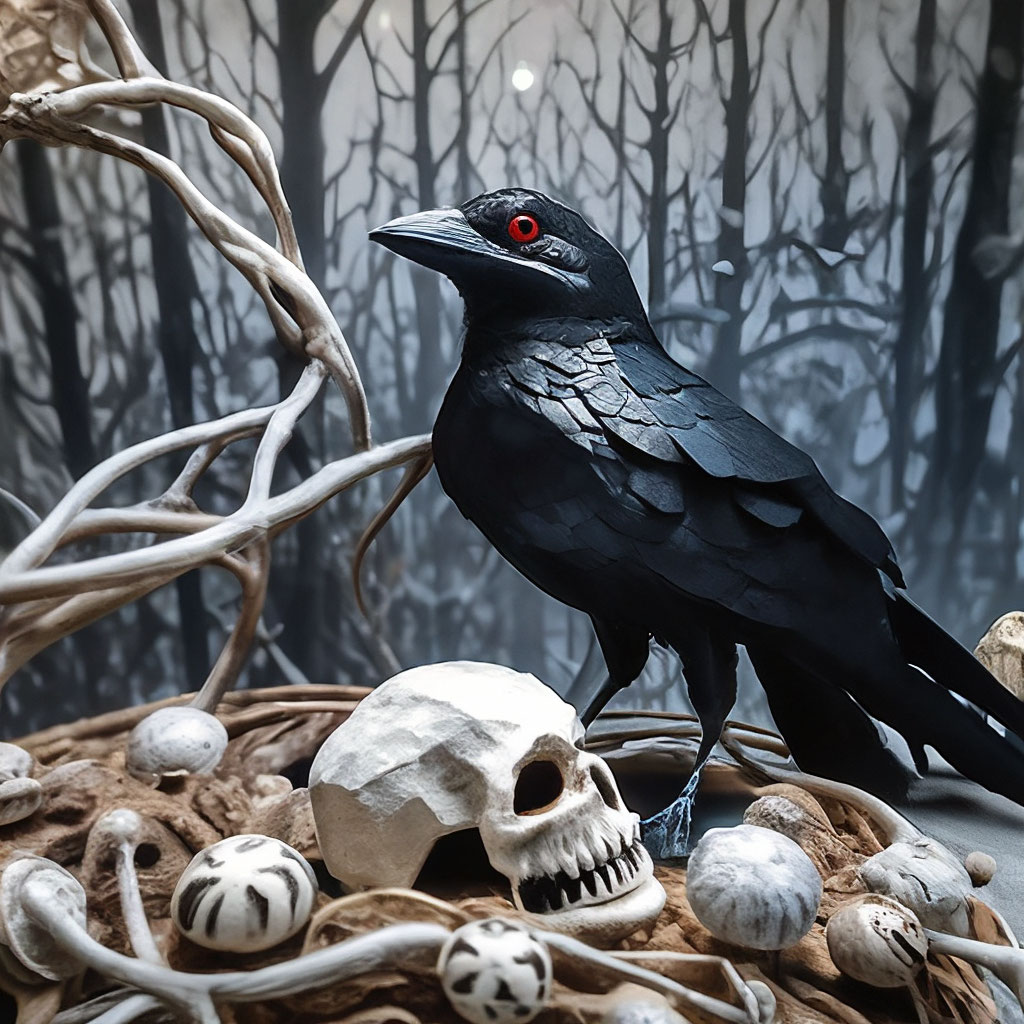"A black raven sits on the skull. Red eyes. Night. Moon. A Russian ...