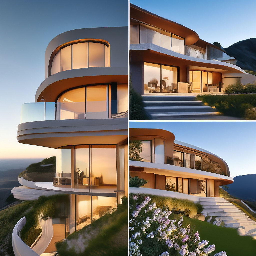 "Collage: facade of a house, unusual style, on a hillside ...