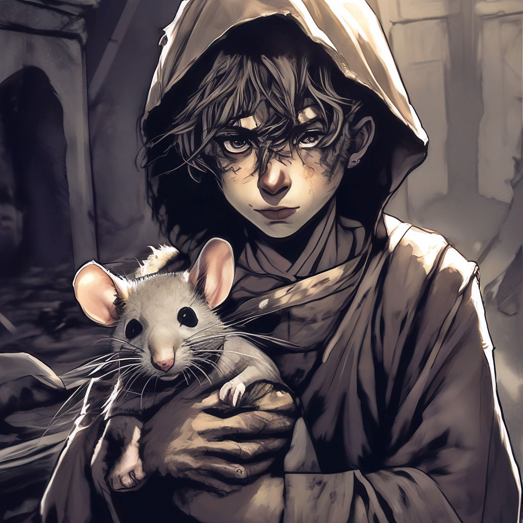 "A skinny boy with a rat in his arms. Dirty hair, an ugly scar on the ...