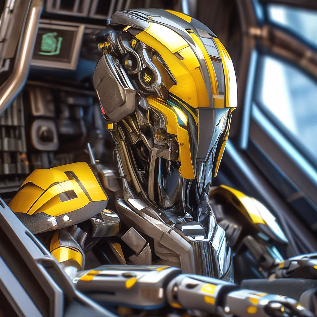"Robotic mechanoid, detailed, dark skin, yellow eyes, metal skeleton ...