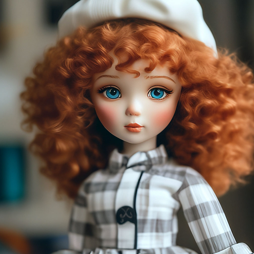 "Doll, life-size, medium-length red hair, curly hair, beret on the head ...