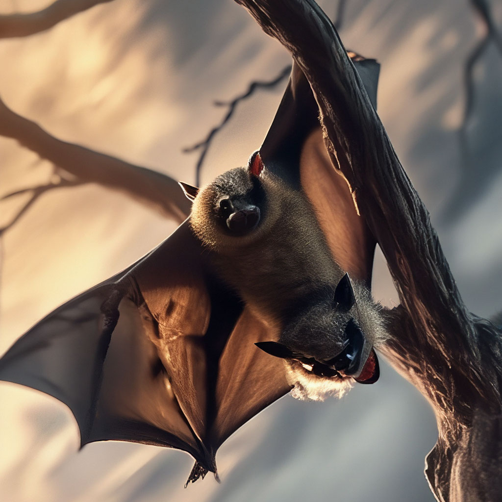 "The bat is joyful, hanging on a tree upside down on a high tree high ...