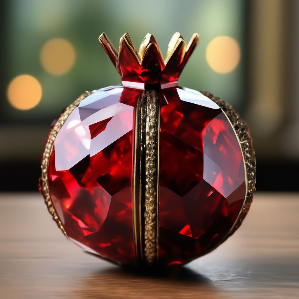"Pomegranate fruit, made of red pomegranate stone, crystal facets ...