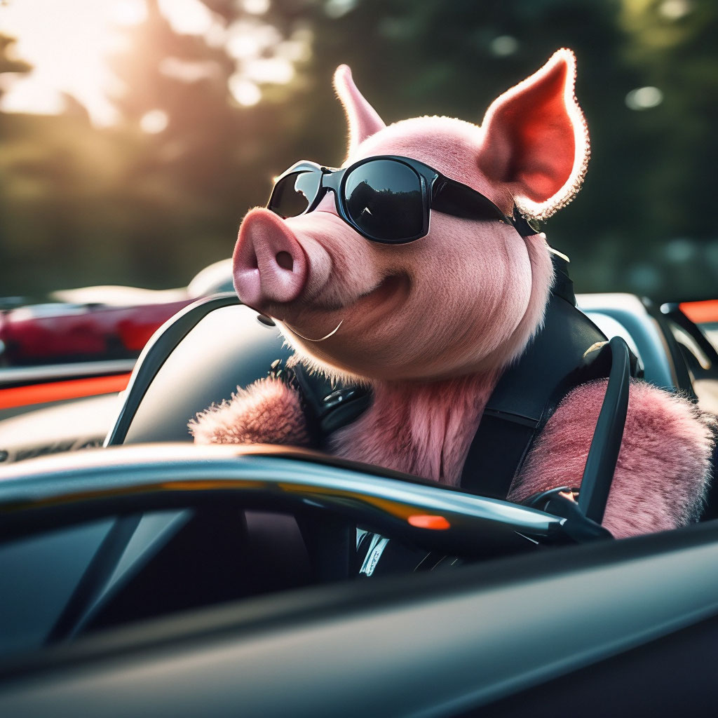 "Pig man driving a cool sports car, professional photo, realistic, 30mm ...