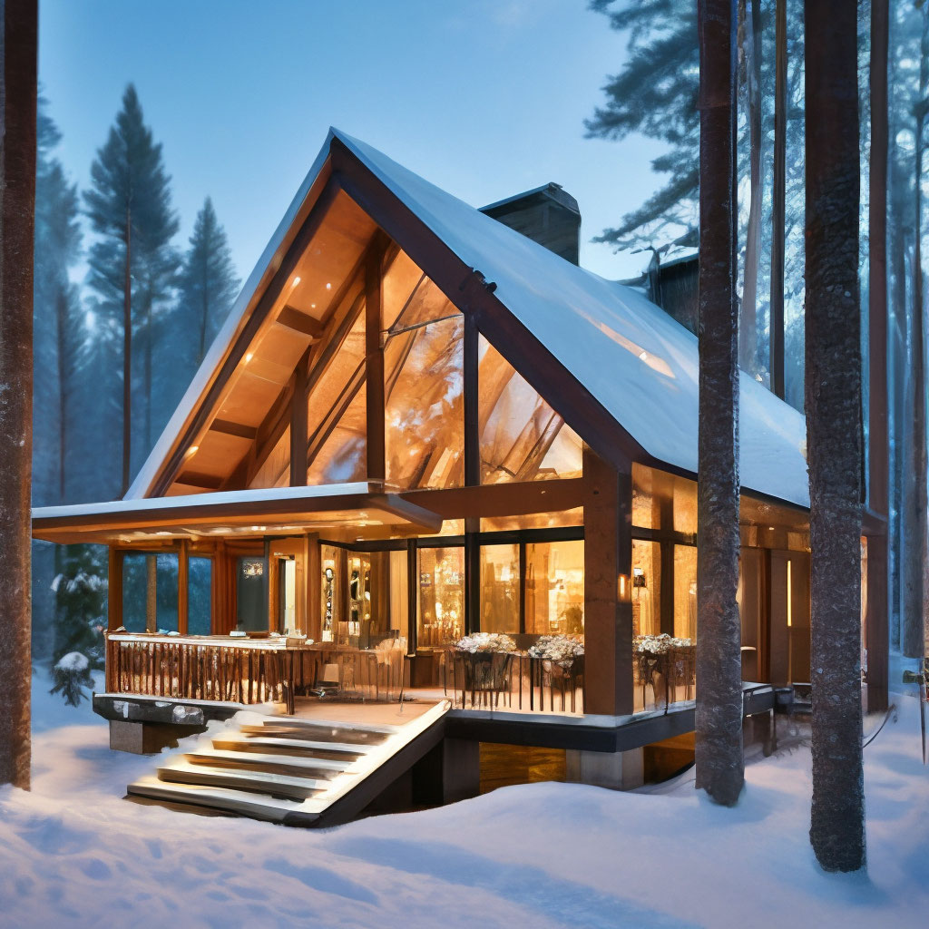 "Wooden house gable roof, glass canopy, porch with lights snow forest ...