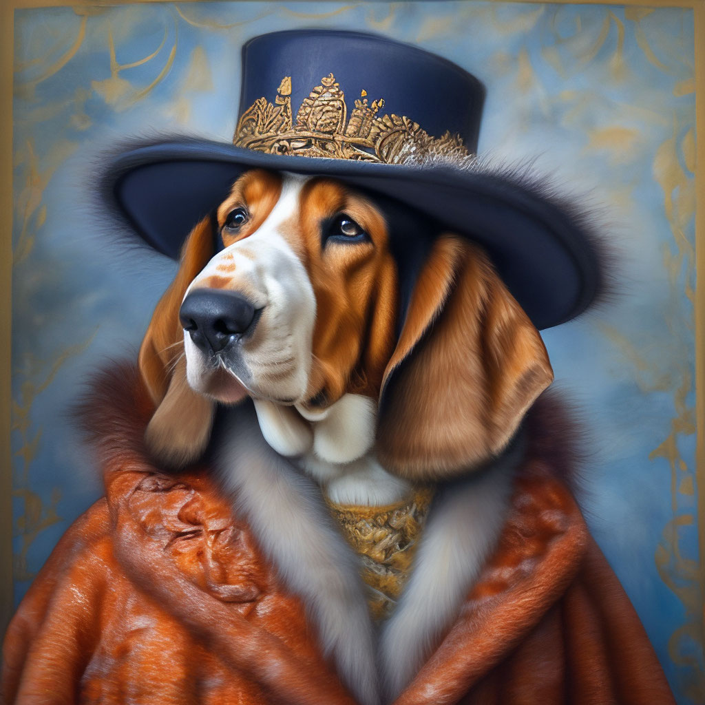 "Portrait of a basset hanuda in a fox fur coat and a fox hat ...