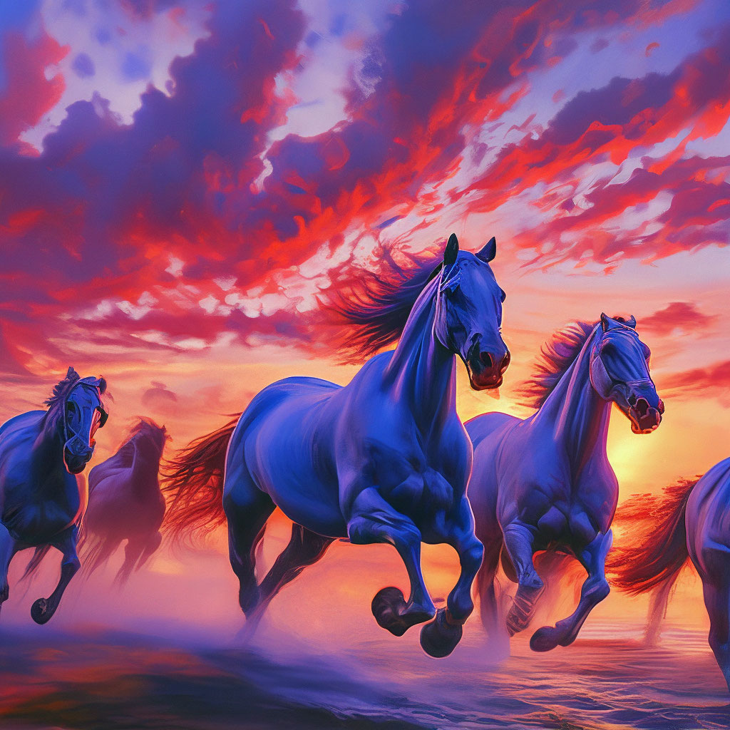 "Bright red evening dawn blue horses-clouds are running across the sky ...