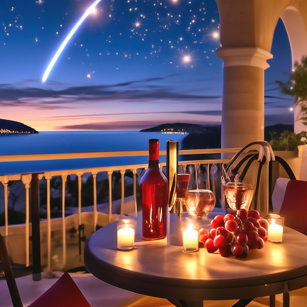 "Patio with sea view, night, meteor shower, candles, red wine in ...