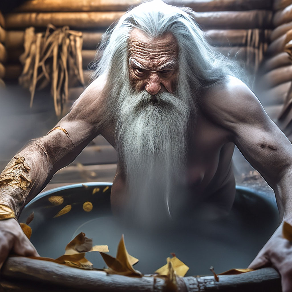 "Bannik, an evil spirit in the form of a dirty old man in stuck leaves ...