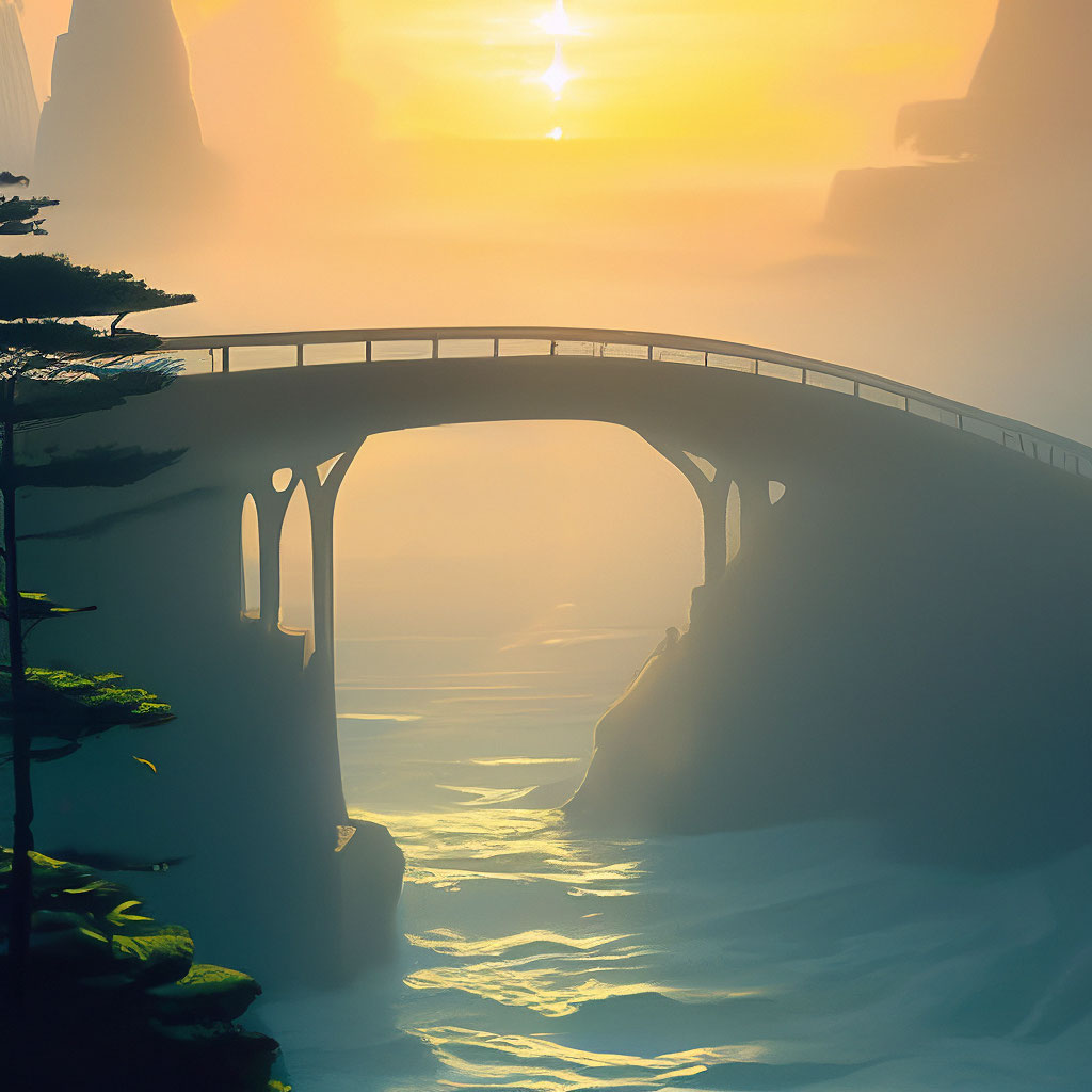 "A bridge across the sea illuminated in fog, hyperrealism, perfect ...