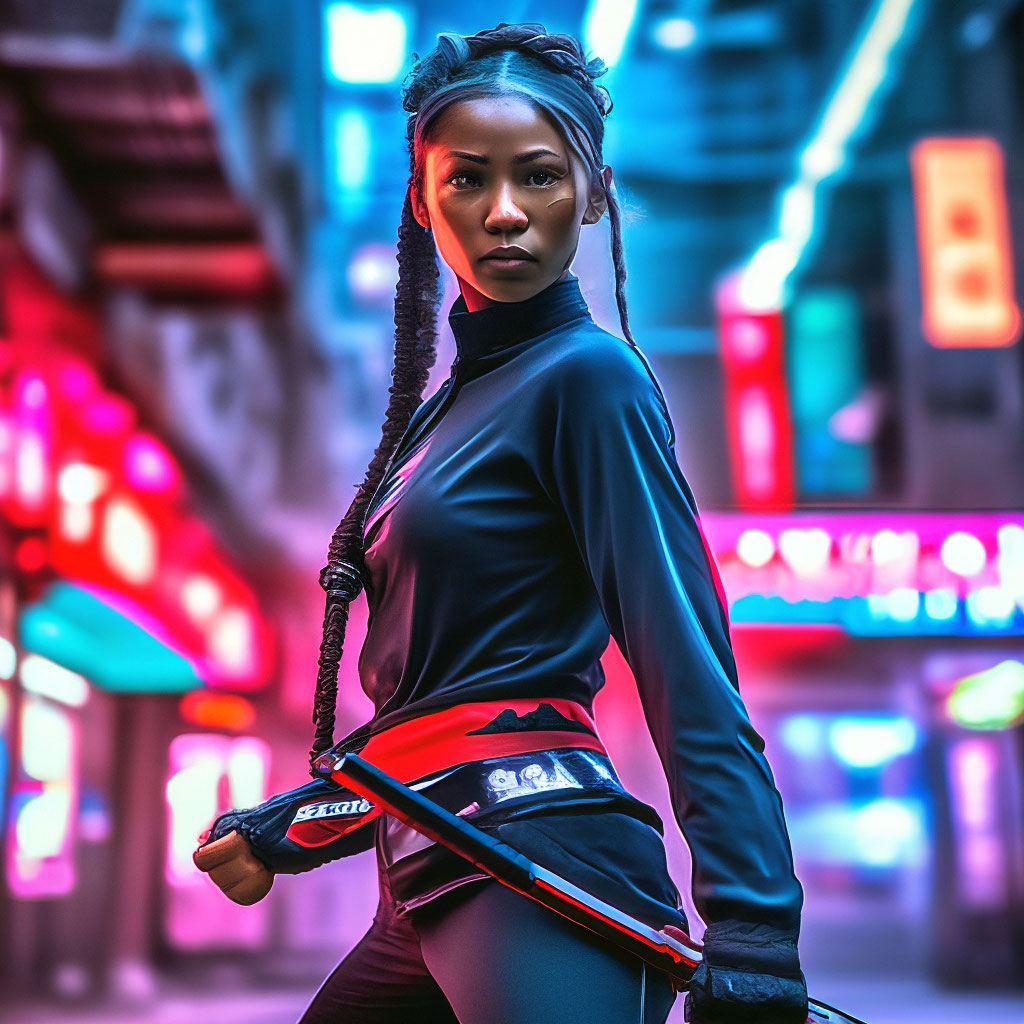 "Woman, 20 yo, muscular, synthwave, sfw, Ninja, complex Ninja stuff ...