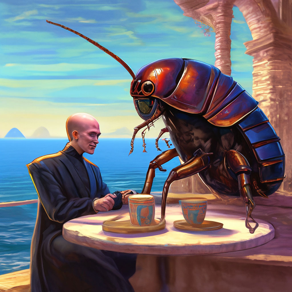 "Dear anthropomorphic Alpha cockroach Palpatine is sitting at a cafe ...